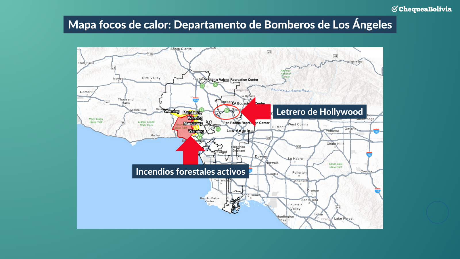 Es falso que los incendios de Los Ángeles quemaron el letrero de Hollywood | ChequeaBolivia